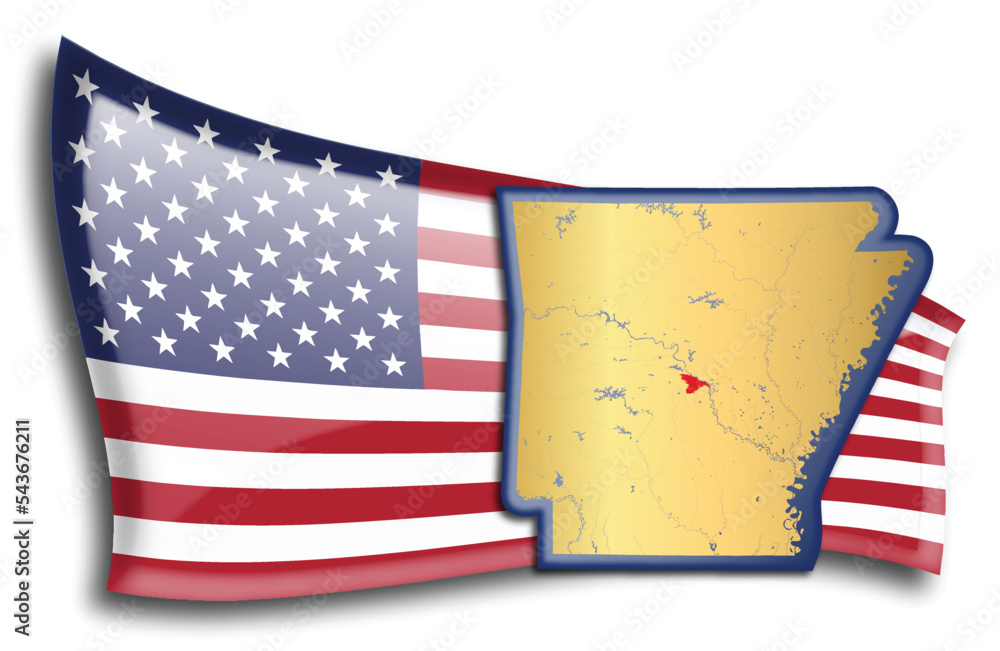 U.S. states - map of Arkansas against an American flag. Rivers and ...