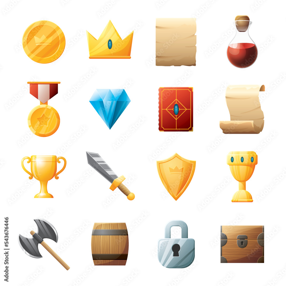 Game Ui Assets Set Gaming User Interface Icons Collection Vector Illustration Stock Vector