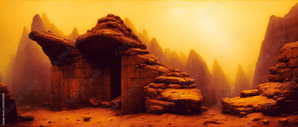 Artistic concept illustration of a scary underground temple with ...