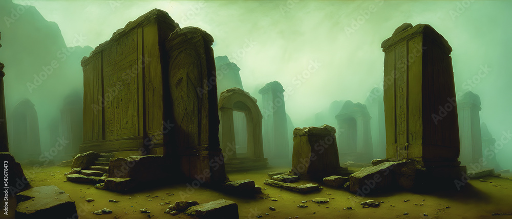 Artistic concept illustration of a scary underground temple with ...
