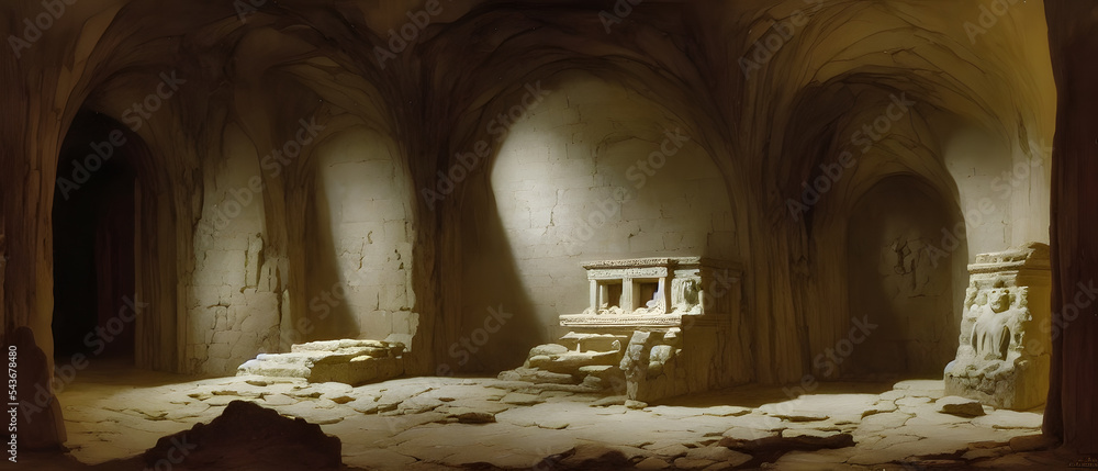 Artistic concept illustration of a scary underground temple with ...