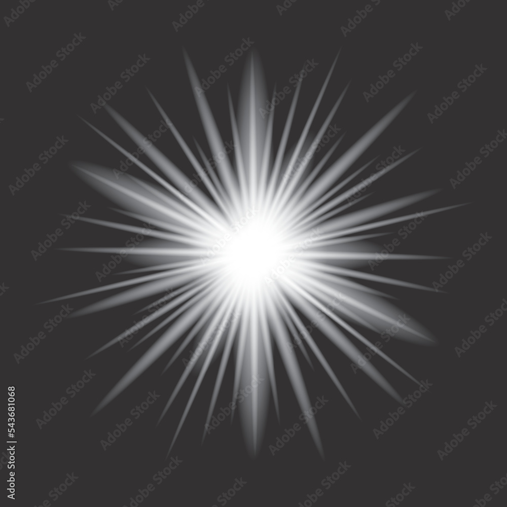 White light glow effect, light rays. Radiant flash, lens flare, on dark ...