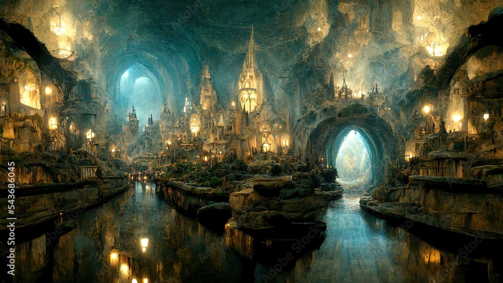 City inside the cave, magical passages and gates, ancient fantasy ...