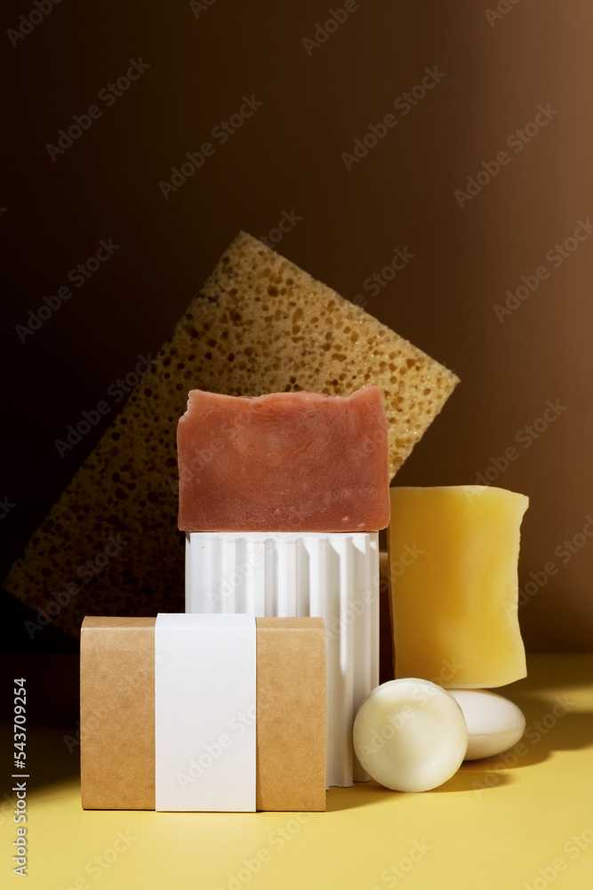 Modern still life with natural eco-friendly soap on podium, soap in a ...