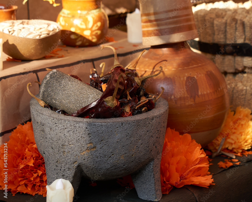Mexican offering (ofrenda) with all the elements that make up the altar ...