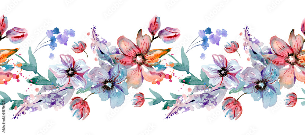 Pink and Blue Floral Watercolor Seamless Border Stock Illustration ...