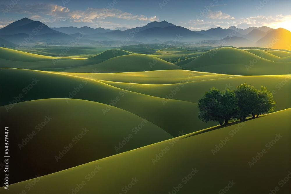 Beautiful rolling landscape illustration. Green hills covered by soft ...