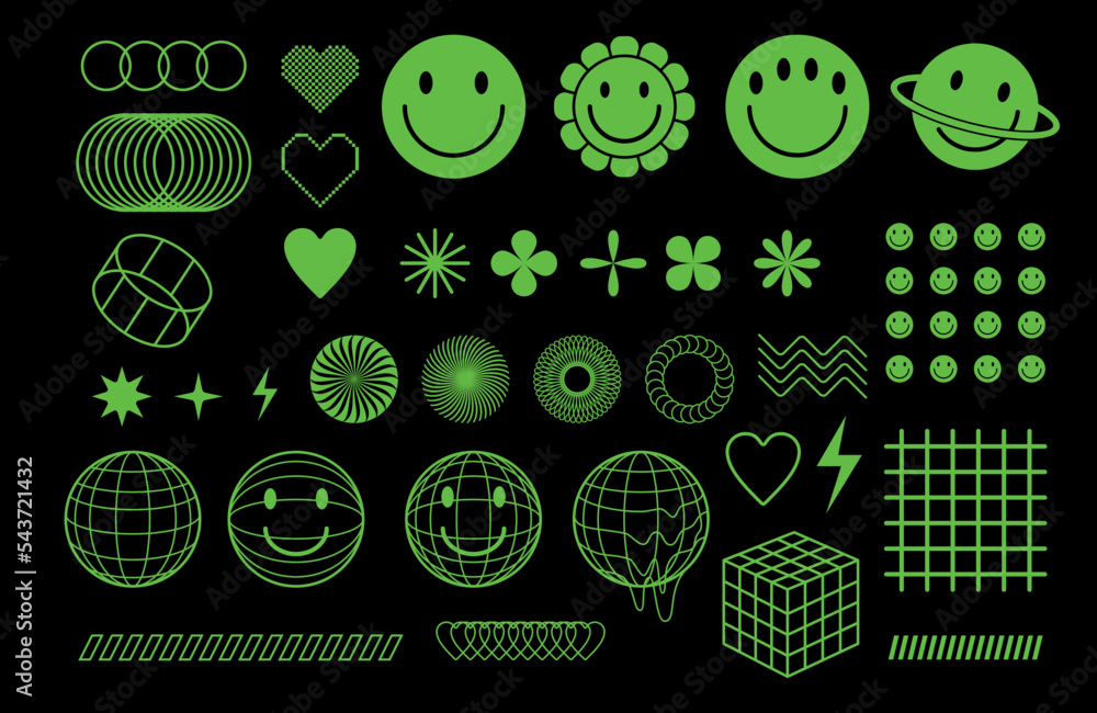 Psychedelic acid rave design elements set. Background with emoticons in ...