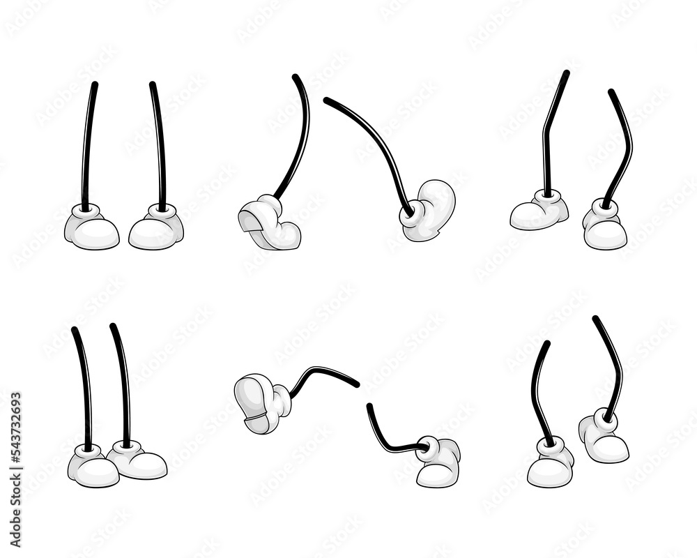 Comic walking stick legs in white sport shoes in various positions set ...