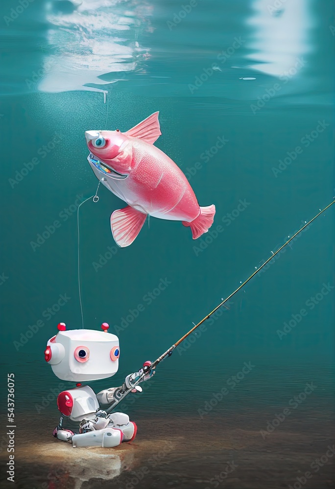 Cute little robot fishing underwater with pink fish above him 3d ...