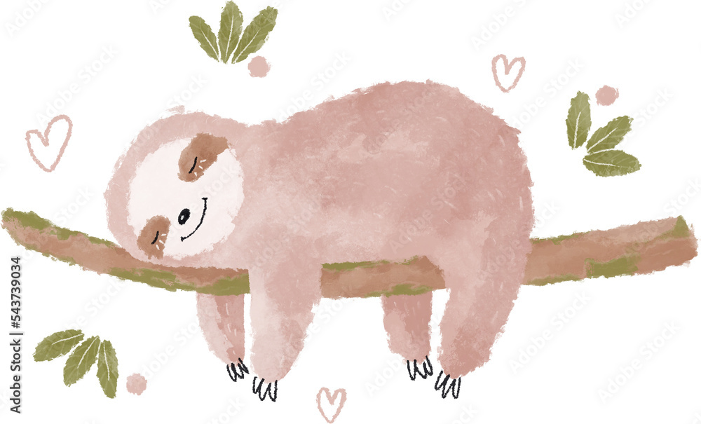 Cute pink sloth watercolor illustration. Sleeping baby sloth. Cartoon ...