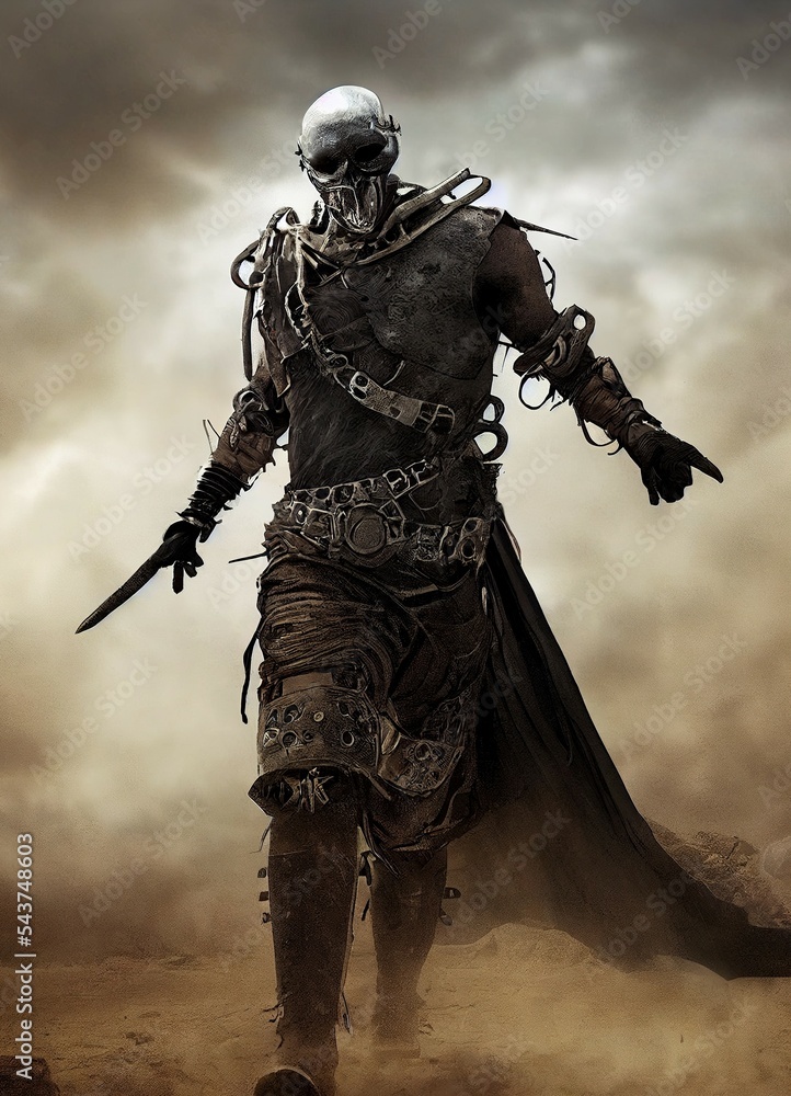 Full body action shot of Mad Max Fallout style apocalypse villain with ...