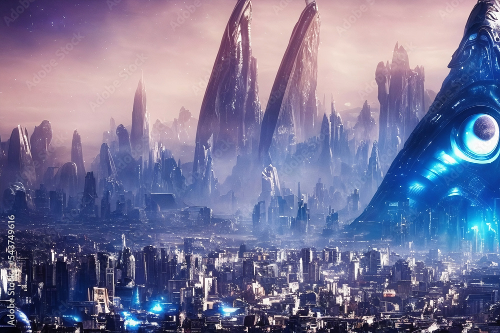 fantasy illustration of futuristic alien technology city with ...