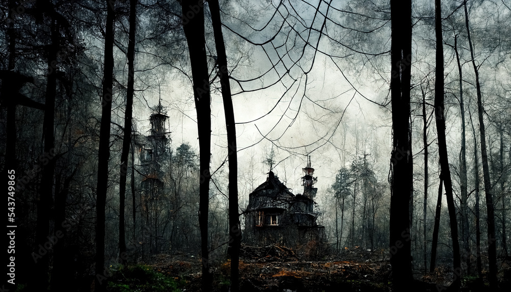 Creepy forest with abstract house digital painting tall old, weathered ...