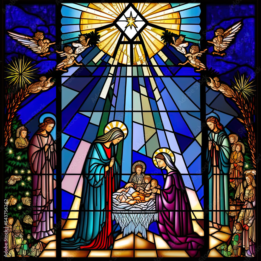 stained glass nativity window in church Stock Illustration | Adobe Stock