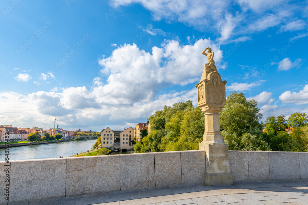 The 16th century Bruckmandl statue on the Old Stone Bridge crossing the ...