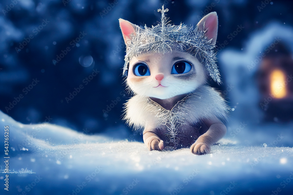Cut ice queen cat cartoon animation character in snow field 3D ...
