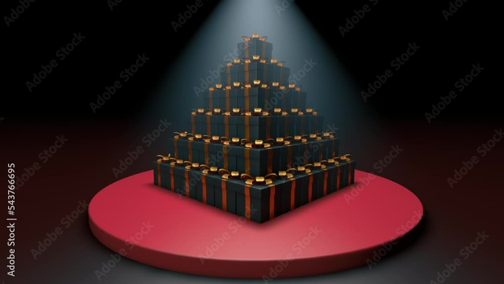 Vidéo Stock Pyramid of black gift boxes with golden ribbons on a red ...