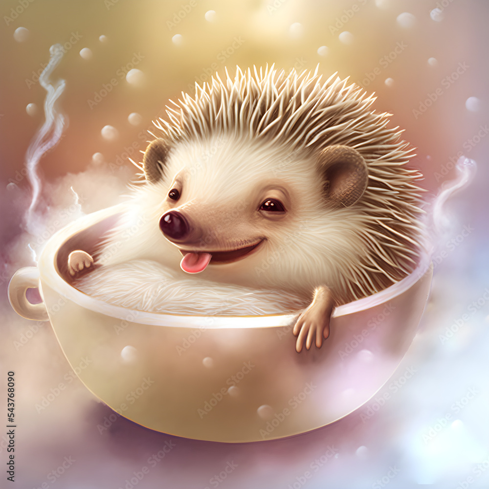 Cute Adorable Cartoon Illustration of a Hedgehog Bathing in a Teacup ...