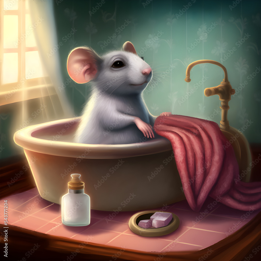 Mouse Spa Day In The Bathtub with Soaps, Bottles and Towel | Cartoon ...