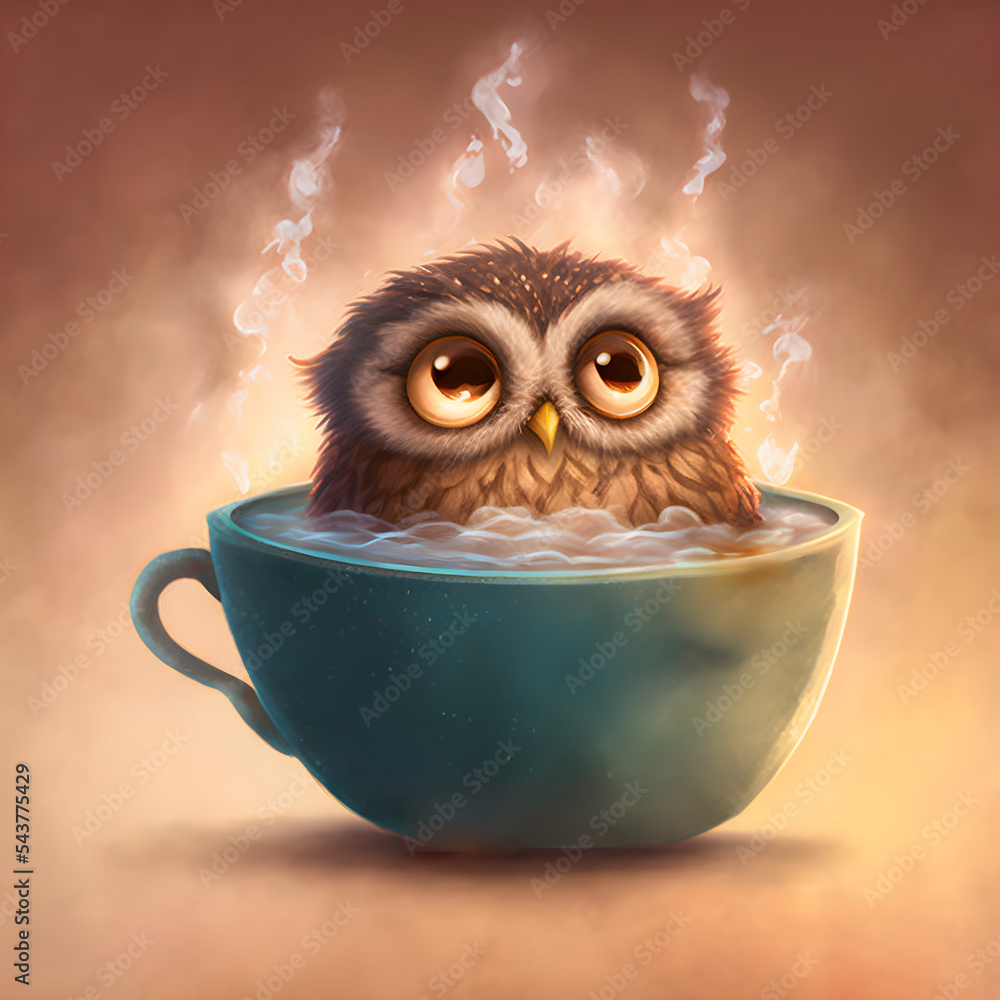 Owl Bathing in Teacup with Steam, Suds and Bubbles and Water | Cute Adorable Cartoon Character ...