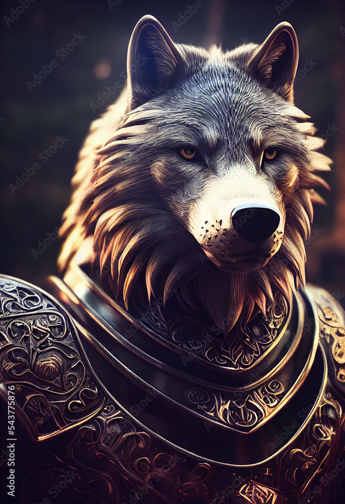 Portrait of Wolf Knight in detailed Helmet and Chest Armor Warrior ...