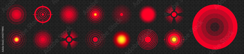 Pain localization marks. Painful area, aching spot. Red circles ...