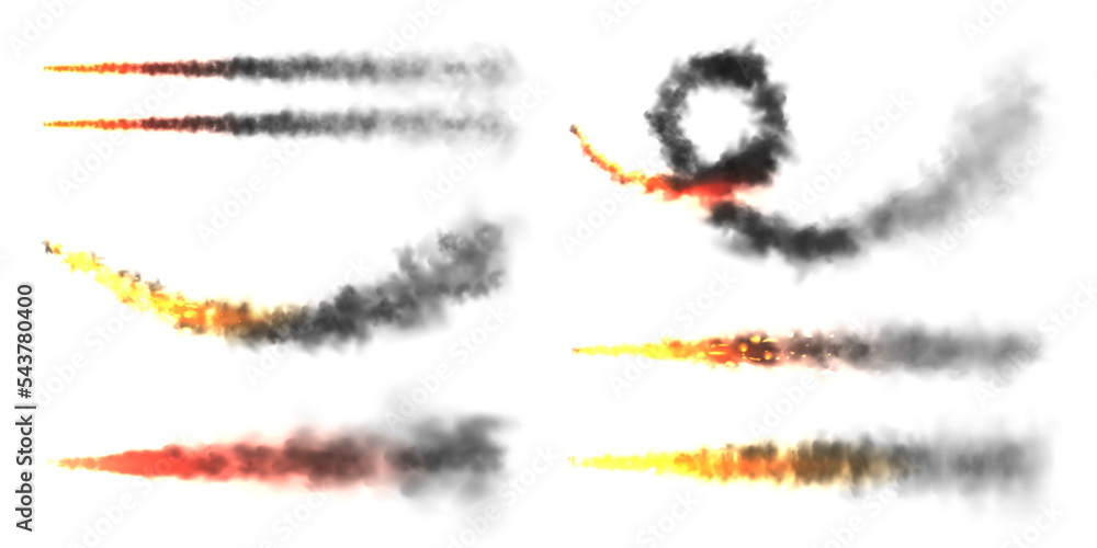Realistic black smoke with fire, space rocket launch trails. Fire burst ...