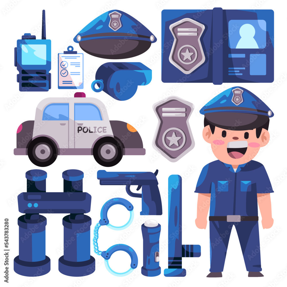 Cop police officer object illustration icon set blue uniform badge cap ...