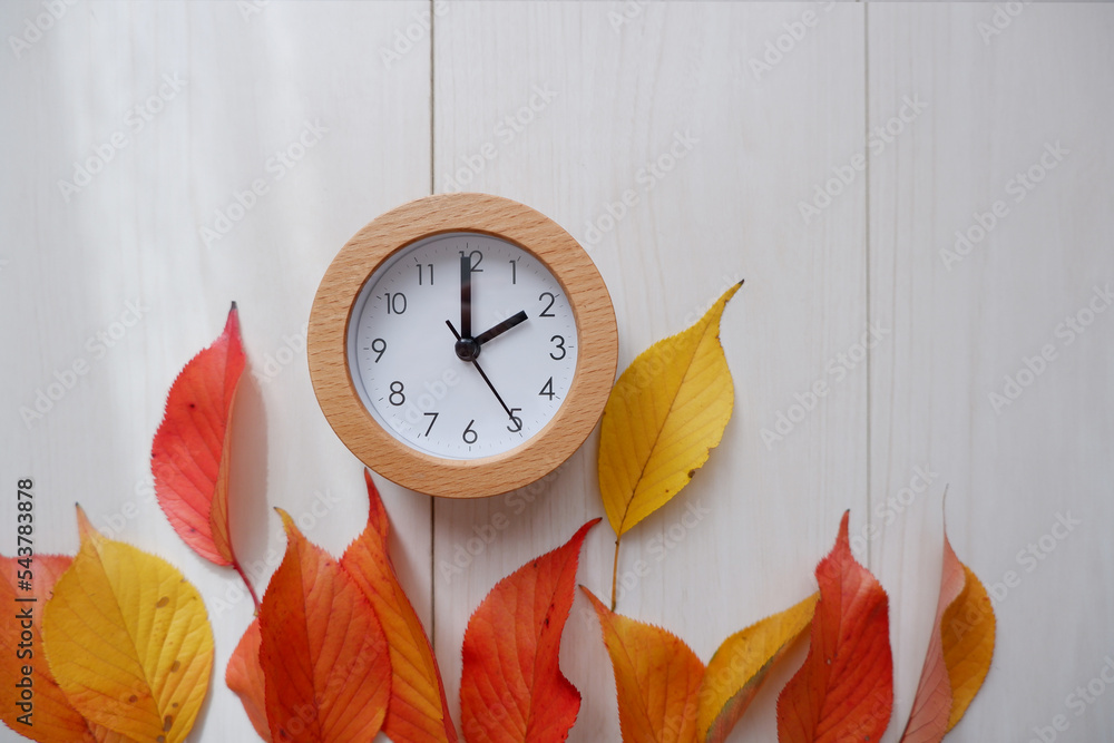 Fall time change still life with colorful tree foliage and wooden frame ...