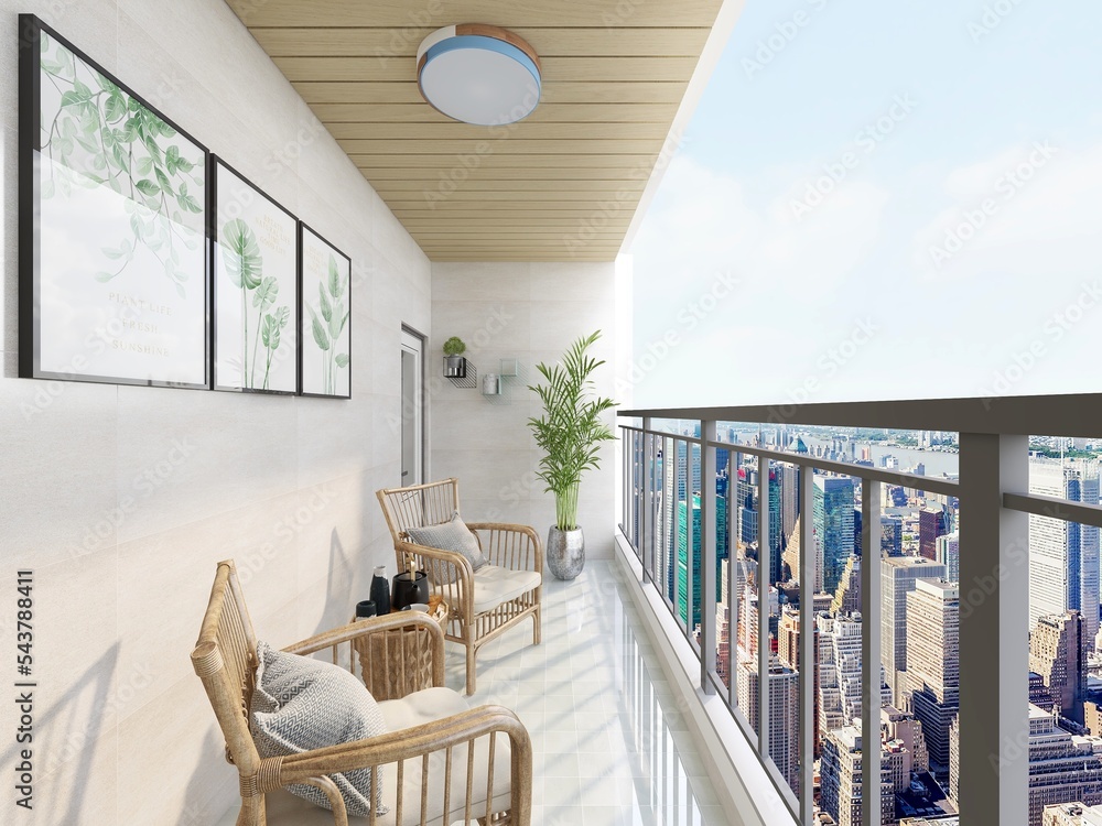 Spacious, bright and clean open balcony design of modern residence with ...