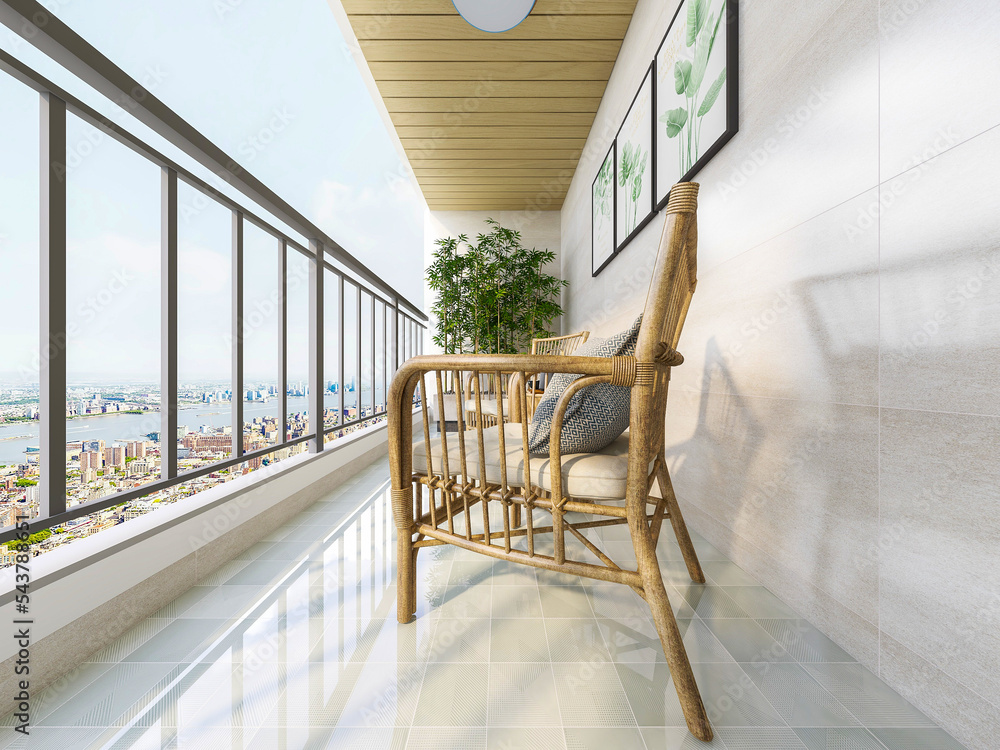 Spacious, bright and clean open balcony design of modern residence with ...