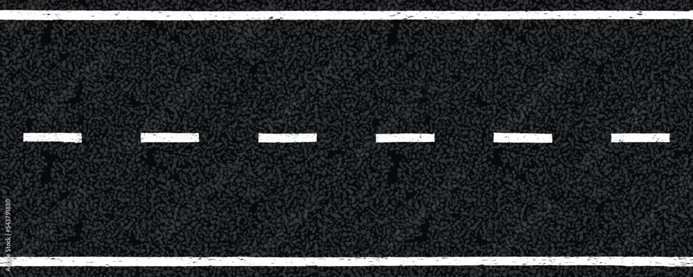 White dotted and solid highway traffic marks lines on tarmac road top ...
