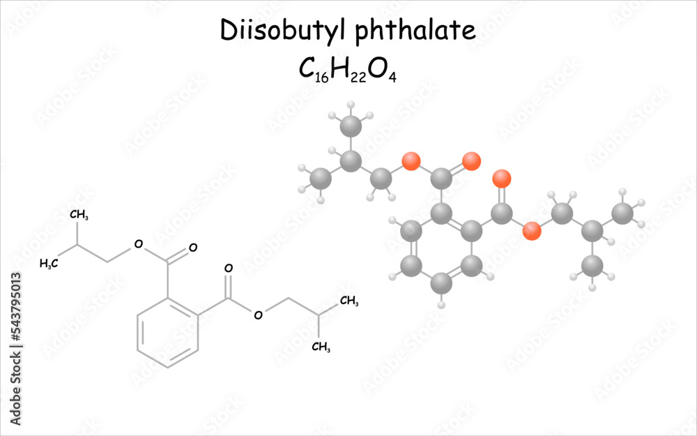 Stylized molecule model/structural formula of diisobutyl phthalate. Use ...