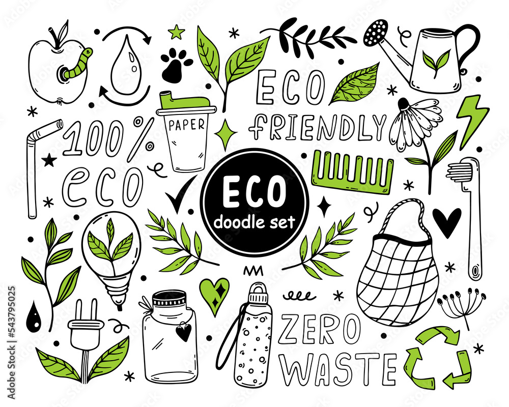 Eco doodles vector set. Symbols of environmental care - zero waste ...