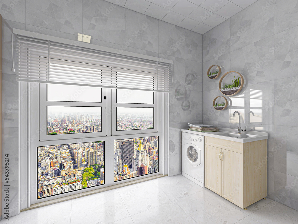 Modern bathroom interior design with bathtub, toilet, washing machine ...