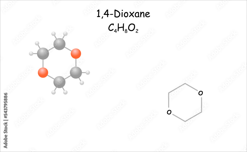 Vetor de Stylized molecule model/structural formula of 1,4-Dioxane. Use ...
