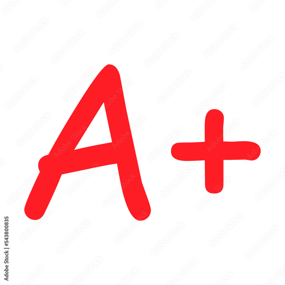 Grade result A plus. Hand drawn icon in red color. Test exam mark ...