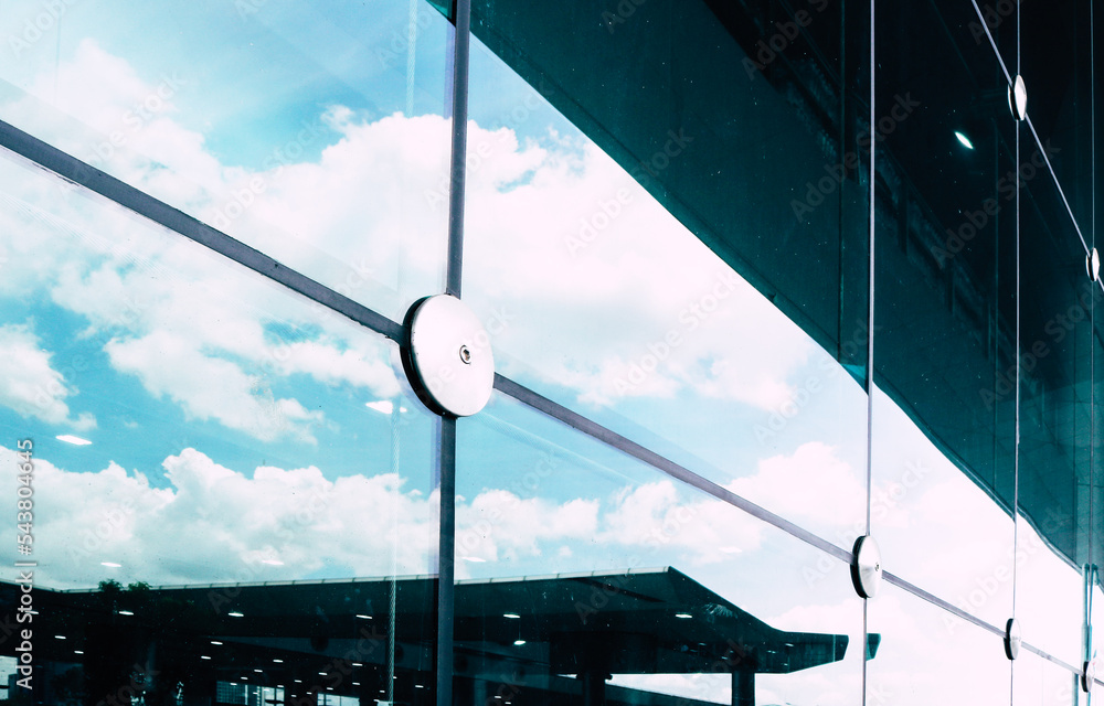 Laminated glass wall cable net system with spider fitting. Stock Photo ...