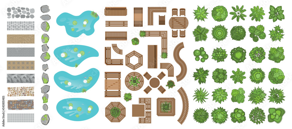 Vector set for landscape design. Top view. Outdoor furniture, ponds ...