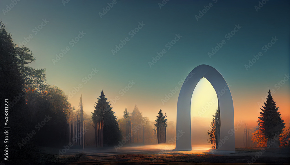 Magic arch in misty night forest background. Fantasy glowing entrance ...