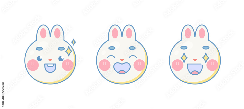 Happy and excited cute rabbit emoji faces set. Isolated on white ...