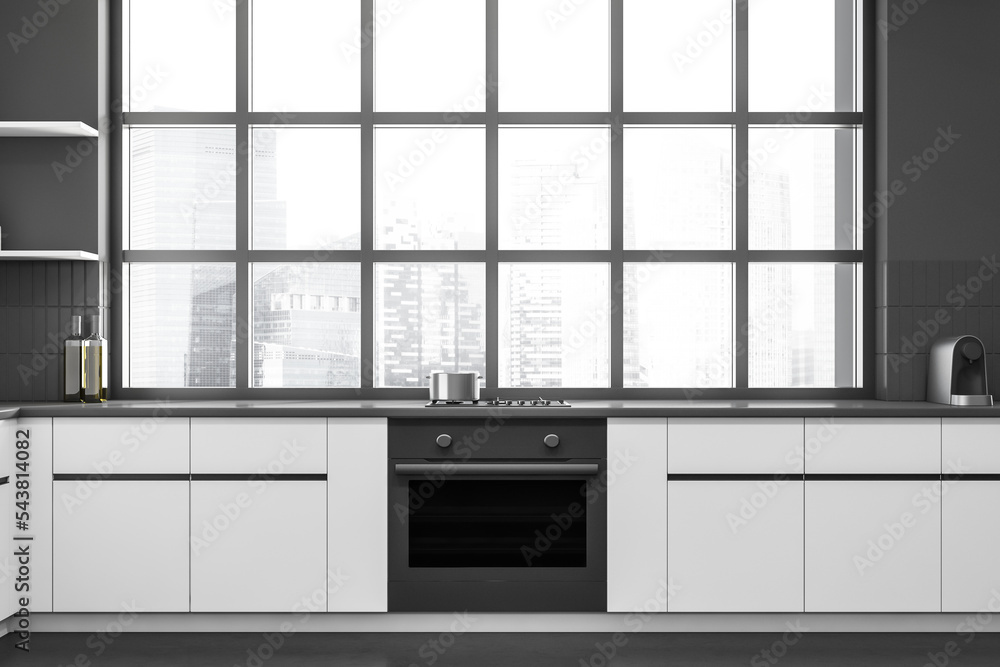 Front view on dark kitchen room interior with panoramic window Stock ...