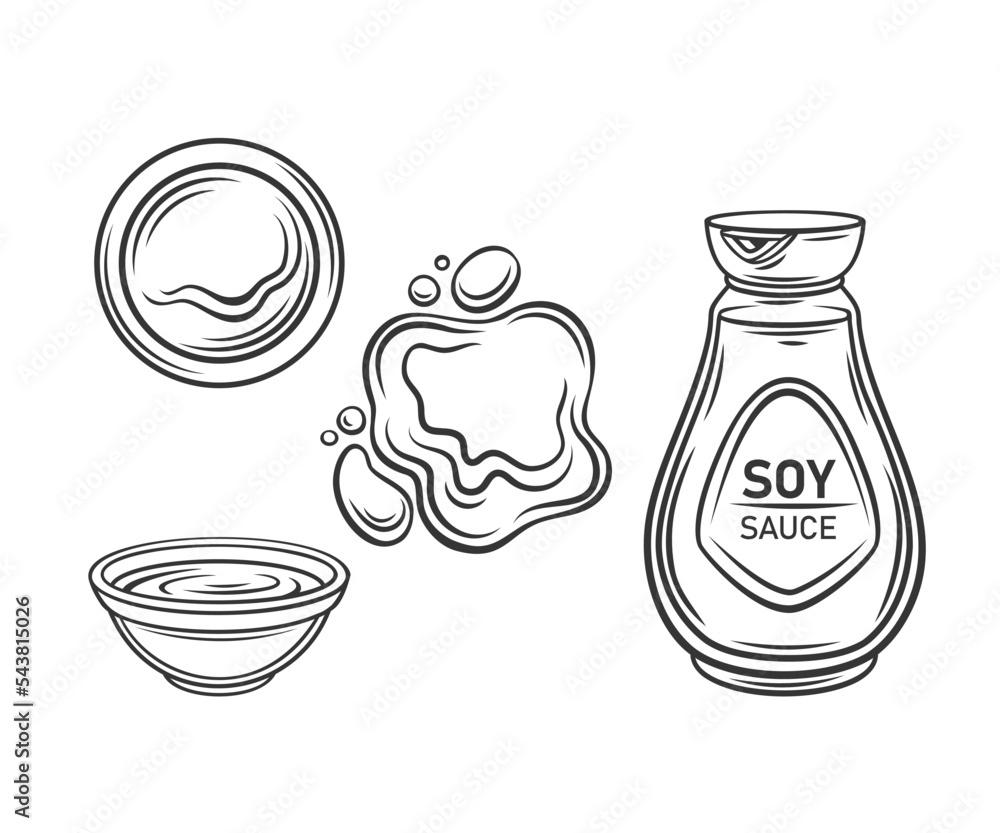 Soy sauce outline icons set vector illustration. Line hand drawing ...