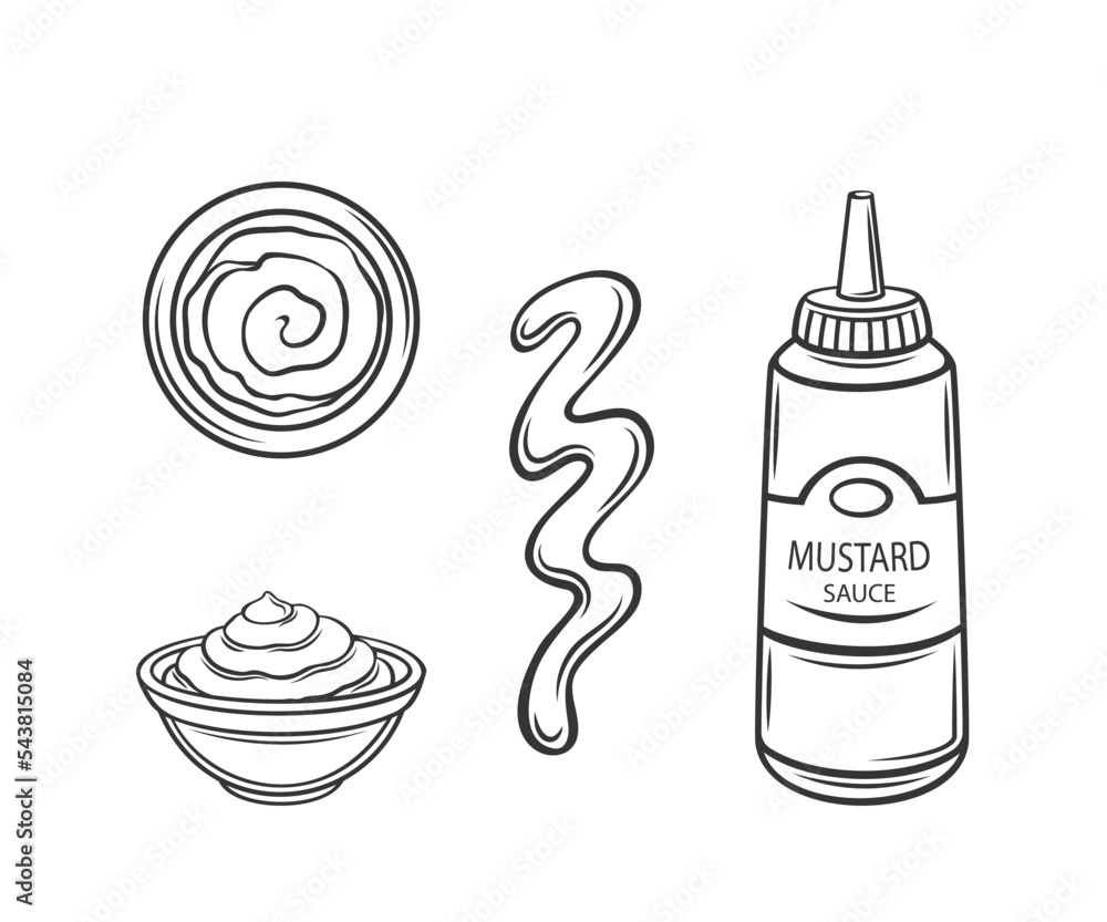 Mustard sauce outline icons set vector illustration. Line hand drawing ...