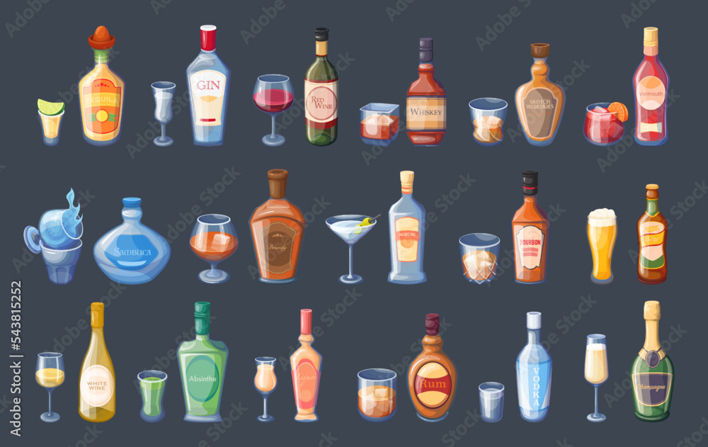 Bottles and glasses with alcohol set vector illustration. Drinks menu ...