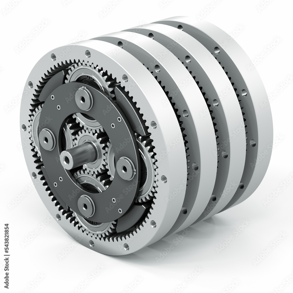 Planetary gear on a white background. Parts of a small gearbox. 3d ...
