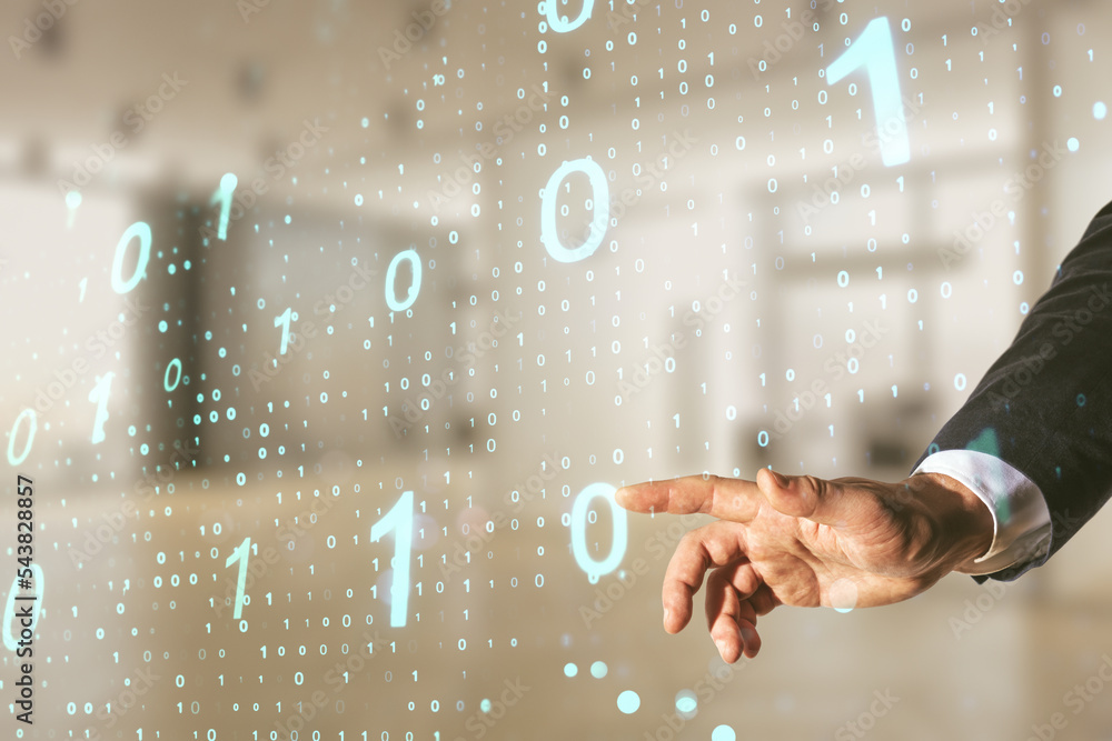 Male hand working with abstract virtual binary code sketch on blurred ...