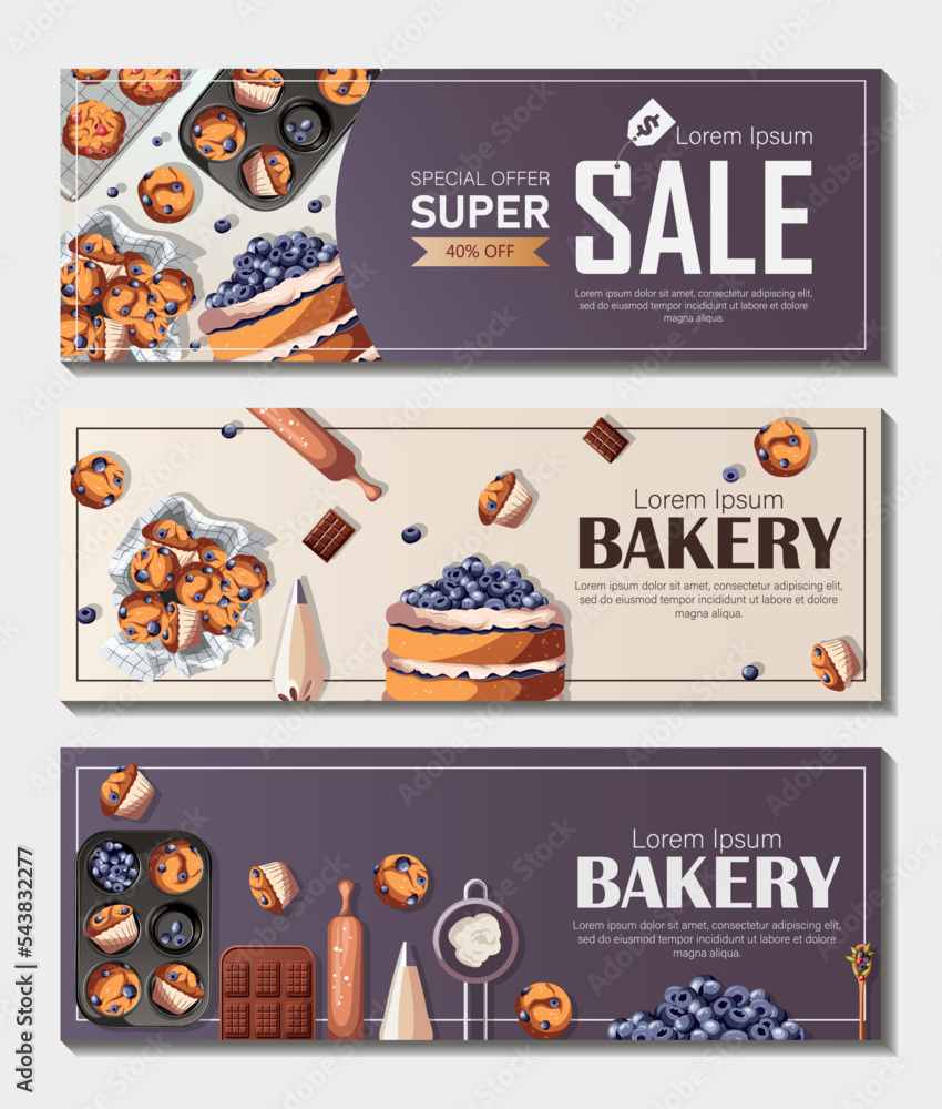 Set of flyers with baking elements. Baking,bakery,shop,cooking,sweet,pastry concept. Vector ...