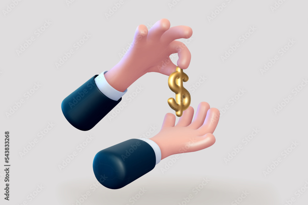 3D cartoon business man hand holding US Dollar currency sign over an ...